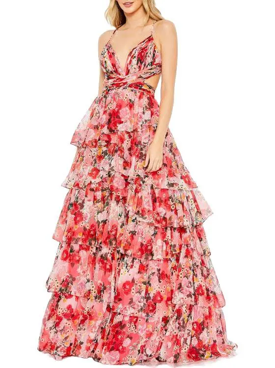 Mac Duggal Floral Printed Chiffon Ruffle Tiered Cut Out Ballgown - Pink Multi
