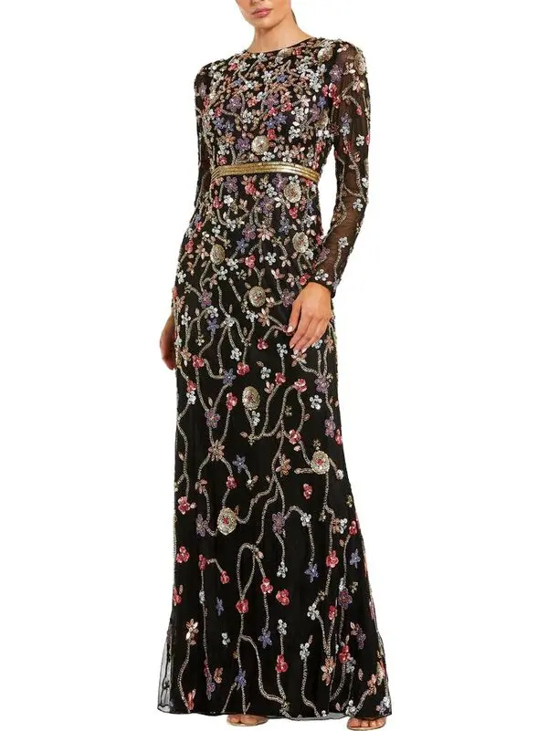 Mac Duggal Hand-embellished Long Sleeve Gown - Black Multi