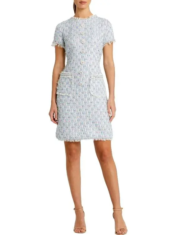 Mac Duggal Cap Sleeve Floral Button Detail Shift Dress - Blue Multi