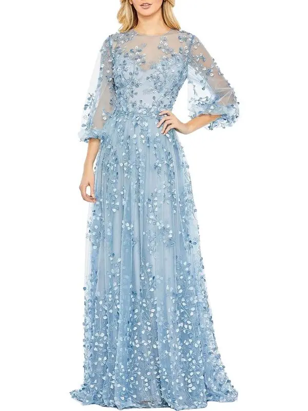 Mac Duggal Embroidered Mesh High-neck Gown With Puff Sleeves - Blue