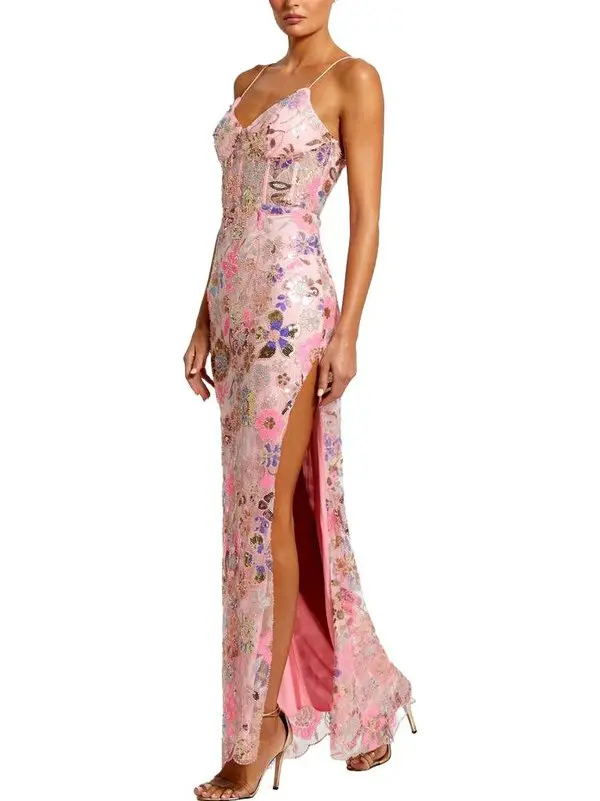 Mac Duggal Hand-embellished Bustier Gown With Slit - Pink Multi