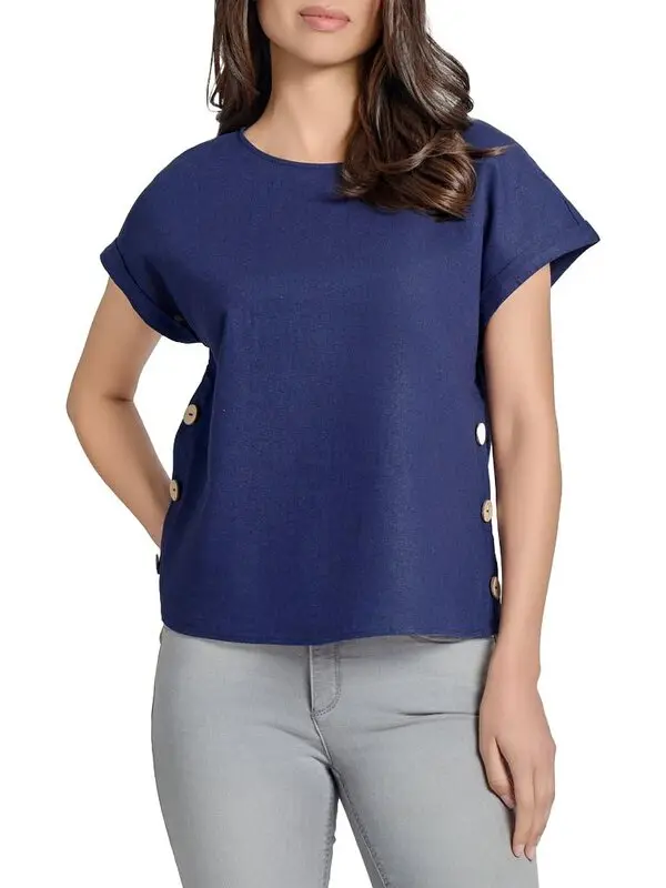 Jones New York Side Button Linen Blend Top - Pacific Navy