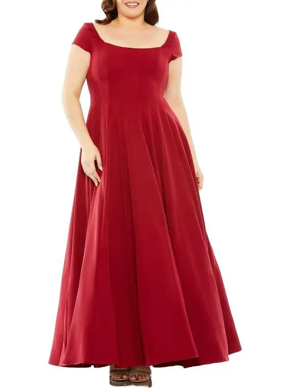 Mac Duggal Cap Sleeve Square Neck Ballgown - Wine