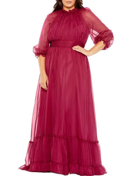 Mac Duggal Ruffled High Neck Gown With Sheer Sleeves - Crimson