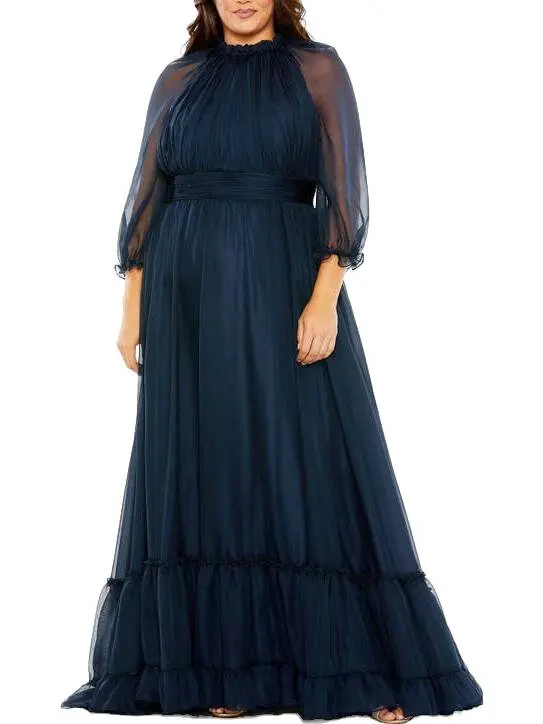 Mac Duggal Ruffled High Neck Gown With Sheer Sleeves - Midnight