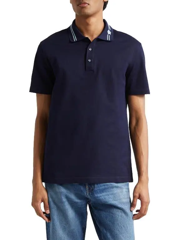 Versace Stripe Collar Cotton Piqué Polo - Navy Blue