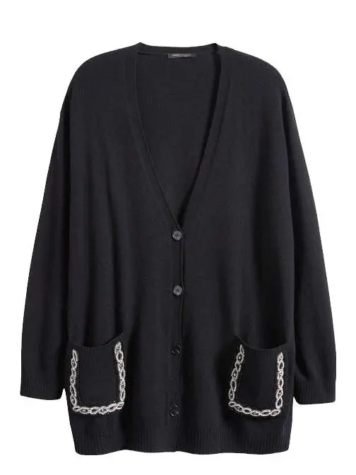 Marina Rinaldi Pavido Rhinestone Pocket Wool & Cashmere Cardigan - Black