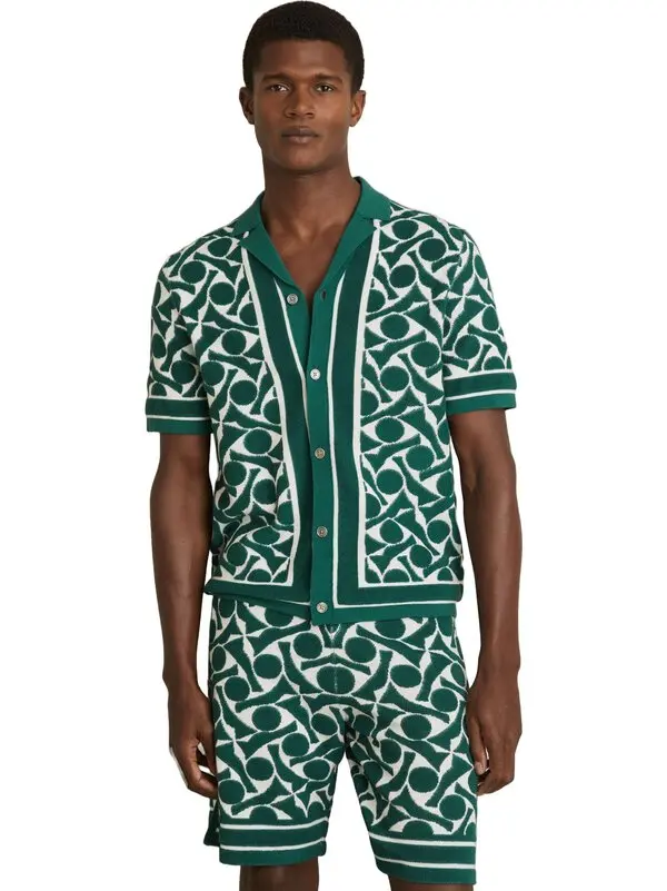 REISS Edmonds Abstract Pattern Towelling Shirt - Green/white