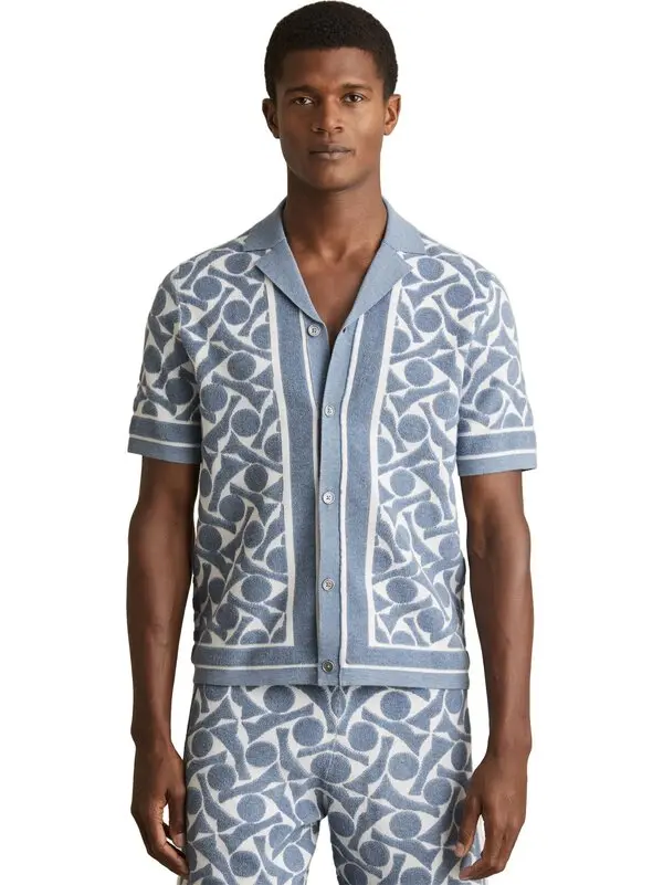 REISS Edmonds Abstract Pattern Towelling Shirt - Soft Blue/white