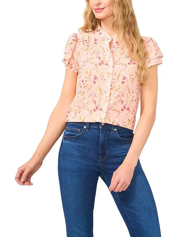 CECE DUPRAZ Floral Flutter Sleeve Top - Sugar Peach