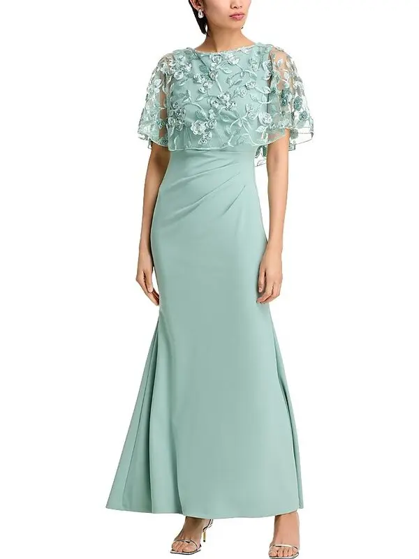 Eliza J Embroidered Cape Overlay Gown - Sage
