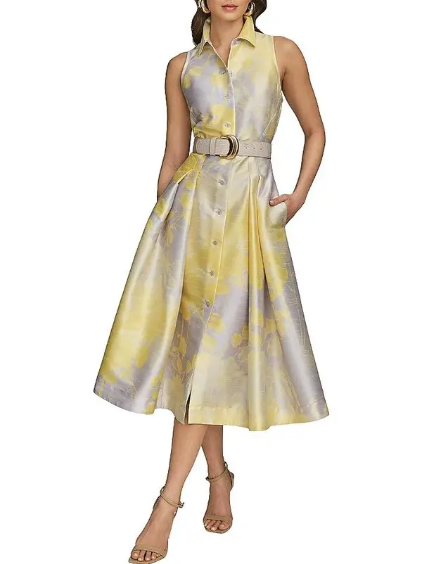 Donna Karan New York Belted Sleeveless Shirt Dress - Limoncello Multi