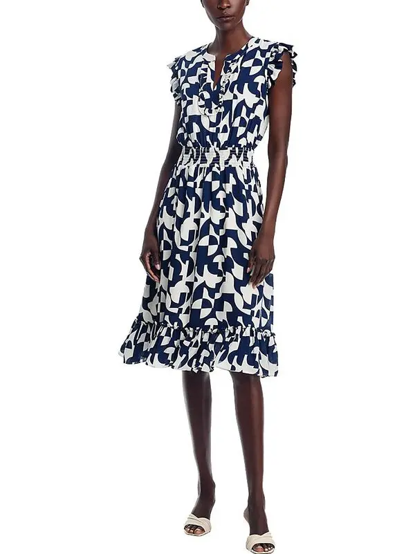 T Tahari Ruffled Trim Smocked Waist Dress - Spliced Geo Print