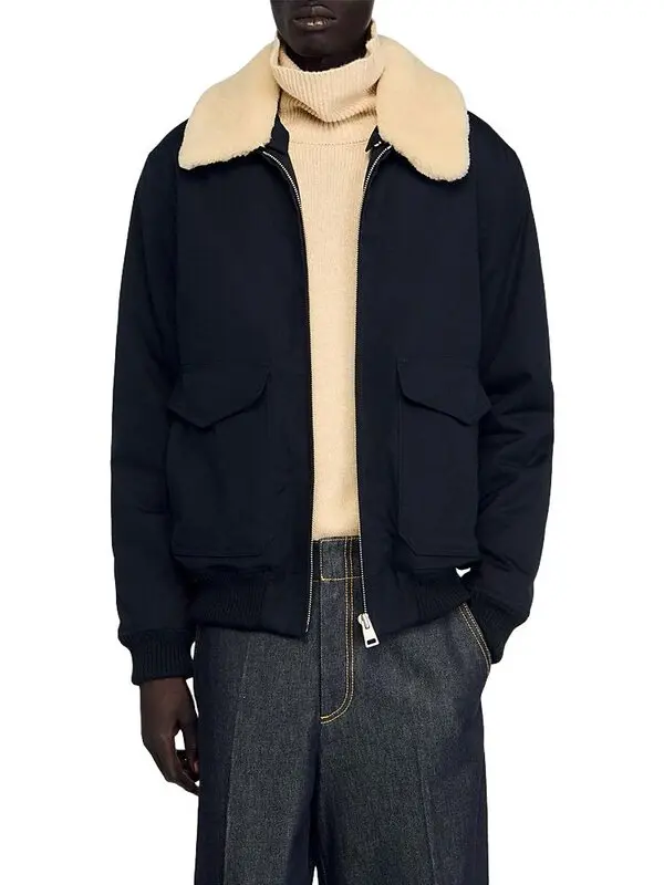 Sandro Shearling Collar Aviator Jacket - Navy Blue