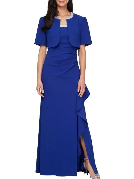 Alex Evenings Bead Detail Stretch Crepe Gown With Bolero Jacket - Royal