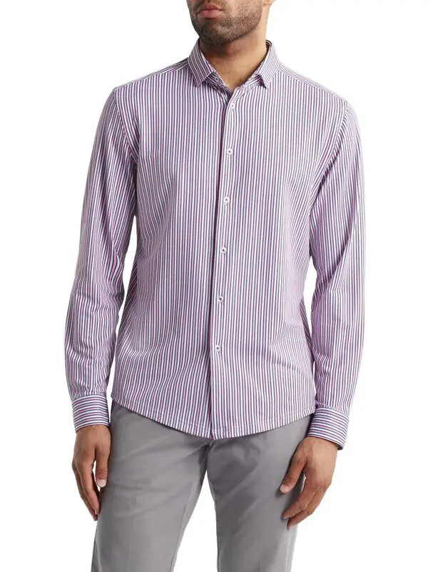 Stone Rose Trim Fit Techno Stretch Stripe Performance Button-up Shirt - Med Pink
