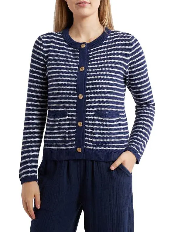 BEACHLUNCHLOUNGE Piera Stripe Cardigan - White Linen/ Navy