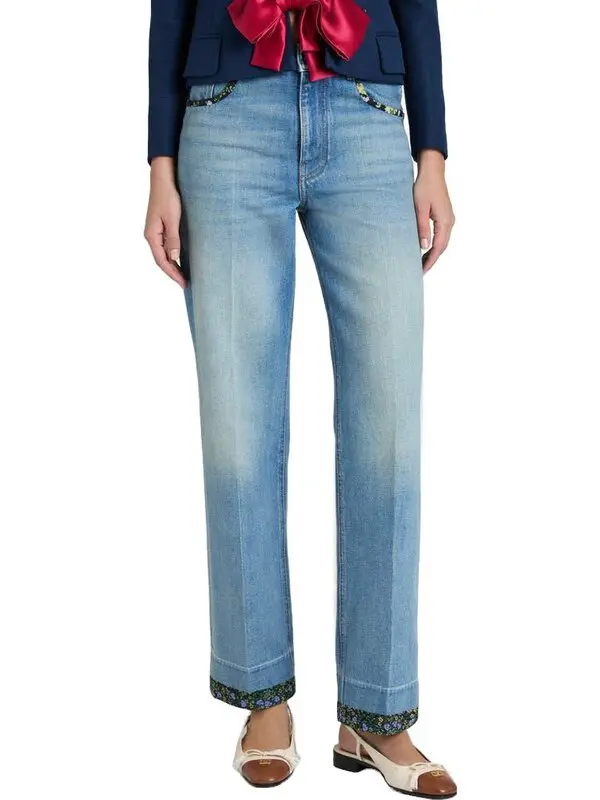 Valentino Garavani Floral Trim Straight Leg Jeans - Medium Blue Denim