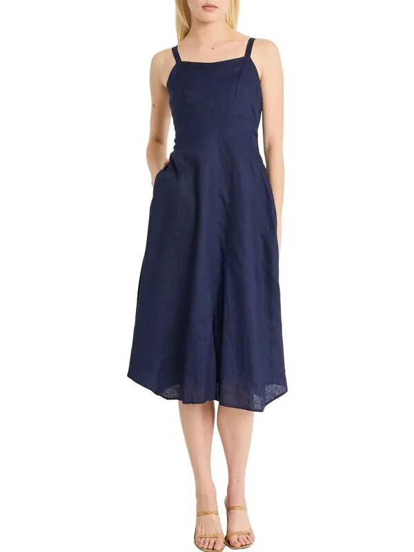 LUXELY Sleeveless A-line Linen Dress - Evening Blue