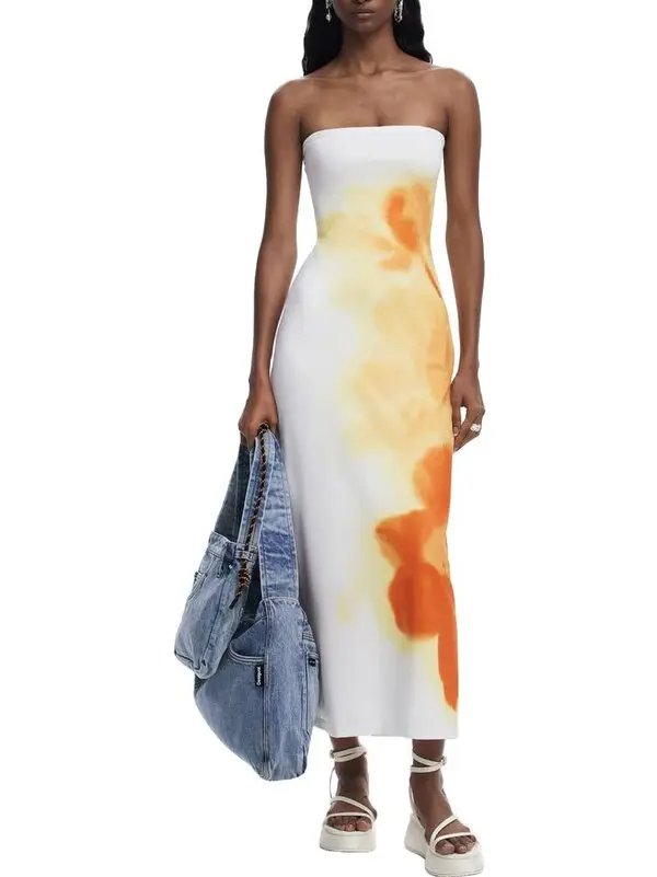 Desigual Abstract Placed Floral Strapless Maxi Dress - Light Beige