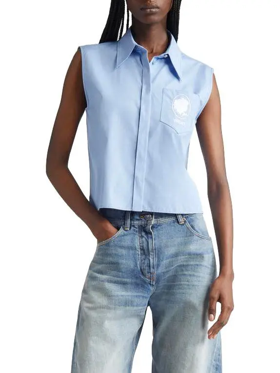 Versace Medusa Cameo Embroidered Crop Poplin Shirt - Powder Blue