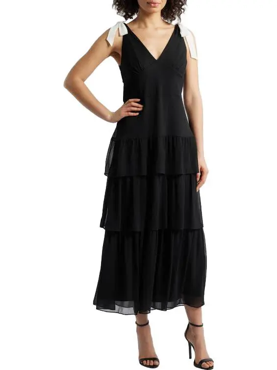 Julia Jordan Contrast Bow Tiered Dress - Black White