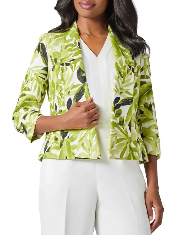 KASPER Leaf Print Linen Blend Jacket - Kiwi Multi
