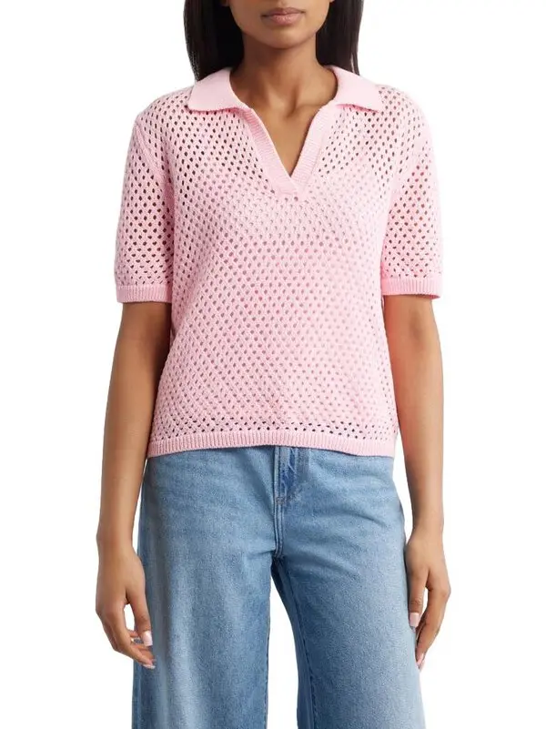 BEACHLUNCHLOUNGE Tae Short Sleeve Open Knit Polo Sweater - Petal Pink