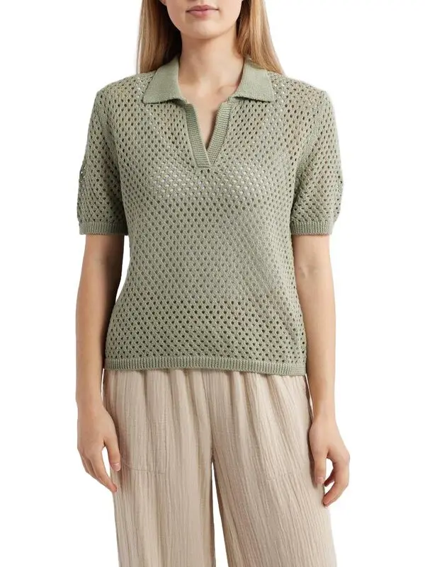 BEACHLUNCHLOUNGE Tae Short Sleeve Open Knit Polo Sweater - Spring Sage