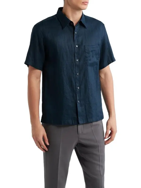 Theory Irving Solid Short Sleeve Linen Button-up Shirt - Baltic