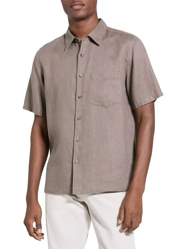 Theory Irving Solid Short Sleeve Linen Button-up Shirt - Morel