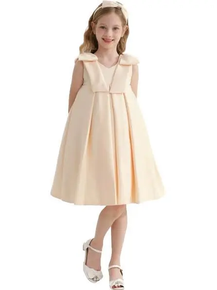 TULLEEN Palermo Satin Bow Pleated Dress - Champagne