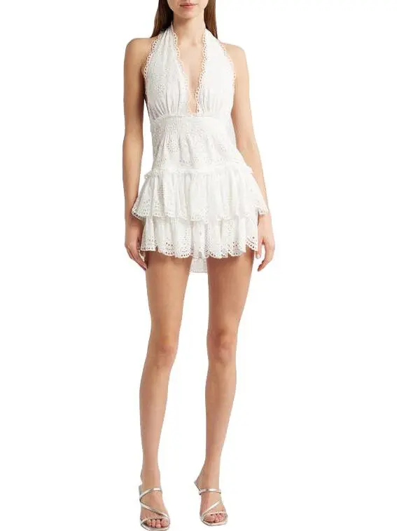 LoveShackFancy Janea Halter Neck Cotton Eyelet Minidress - Optic White