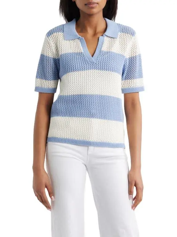 BEACHLUNCHLOUNGE Skye Stripe Crochet Polo - Perry Blue/ Ivory