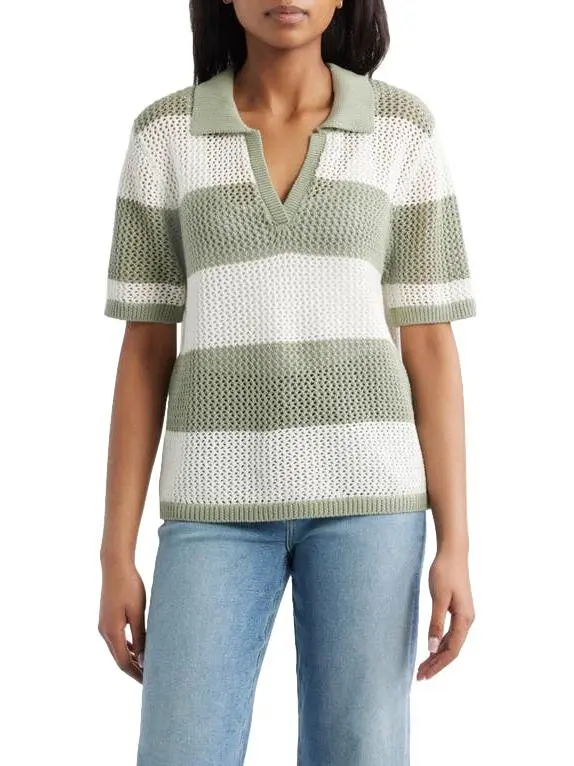 BEACHLUNCHLOUNGE Skye Stripe Crochet Polo - Spring Sage/ Ivory