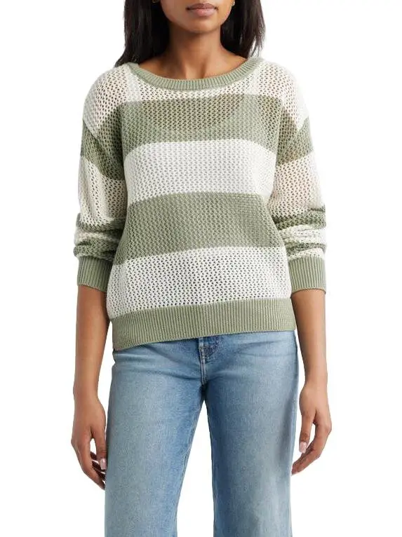 BEACHLUNCHLOUNGE Tresa Stripe Crochet Crewneck Sweater - Spring Sage/ Ivory
