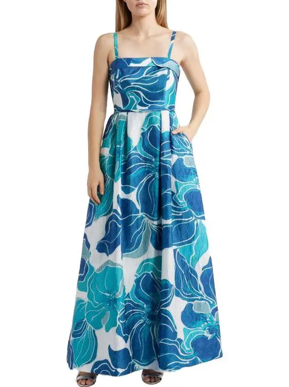 TAHARI ASL Floral Crinkled Satin Gown - Teal Navy
