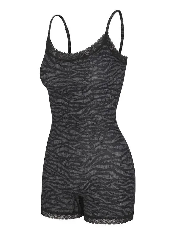 SAVAGE X FENTY Snug Hug Sleep Romper - Black Caviar Tiger Stripe Text