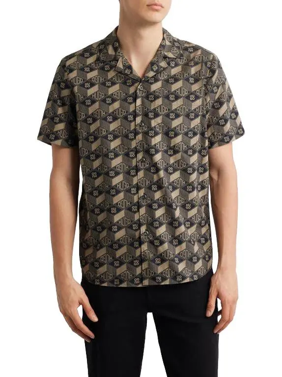 Hugo Ellino Logo Print Camp Shirt - Black