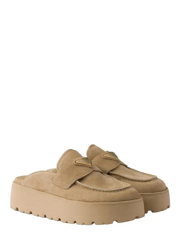 Prada Suede Flatform Mules - Ecru