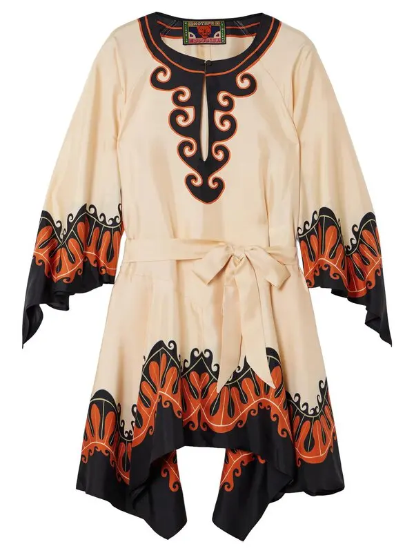 La DoubleJ Mother Malibu Belted Printed Silk Mini Dress - Neutrals