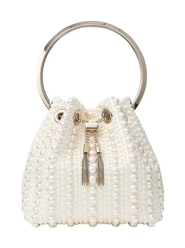 JIMMY CHOO Bon Bon Ivory Satin Pearl Bucket Bag - Neutral