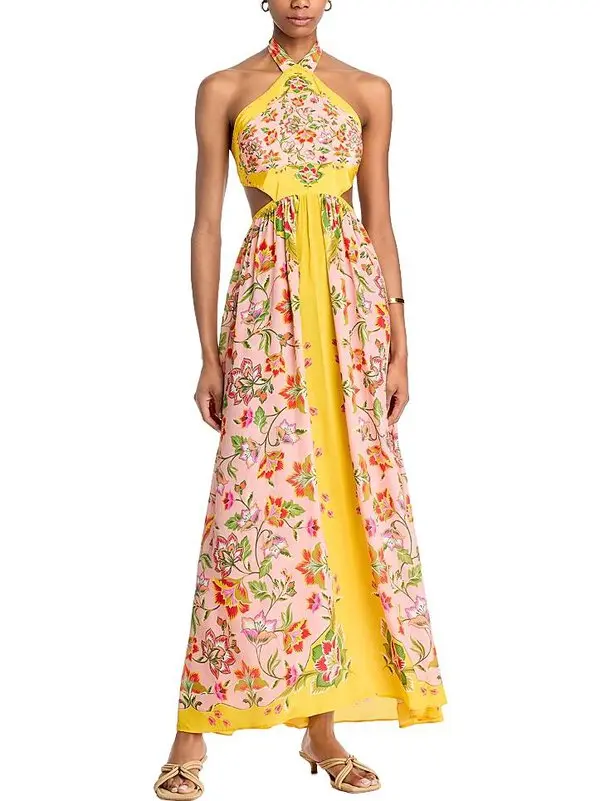 Farm Rio Beauty Scarf Maxi Halter Dress - Yellow/pink