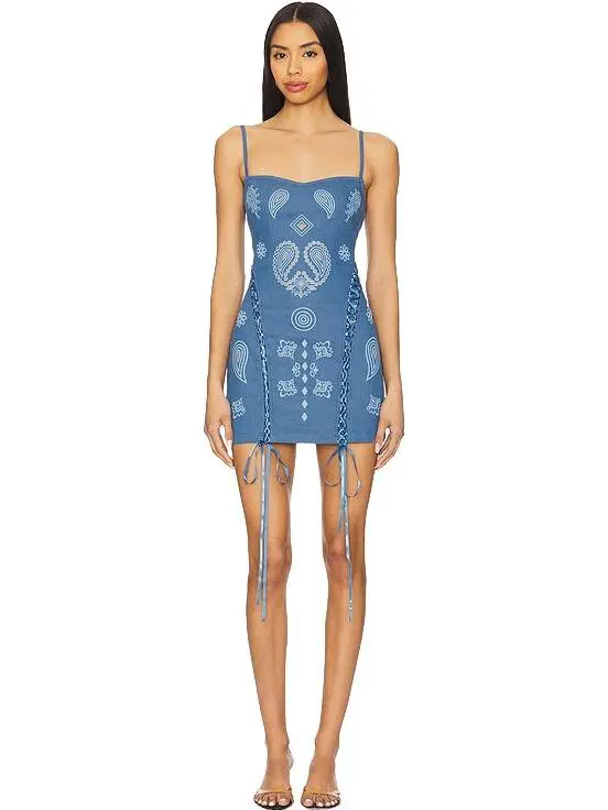 LESLIE AMON X Lace Up Denim Mini Dress - Blue