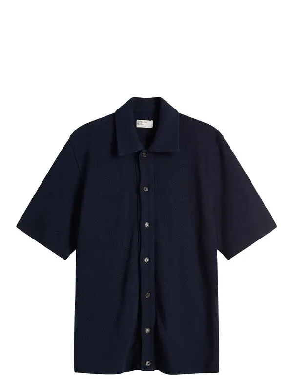 Universal Works Checkerboard Button Through Polo - Bright Navy