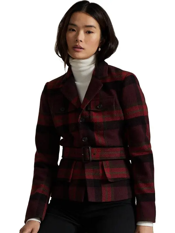 Ralph Lauren Belted Italian Wool-blend Tweed Jacket - Red Multi Plaid