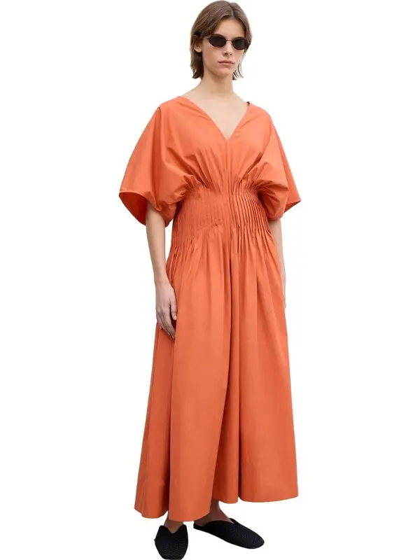 HOUSE OF DAGMAR Poplin V-neck Dress - Orange Rust