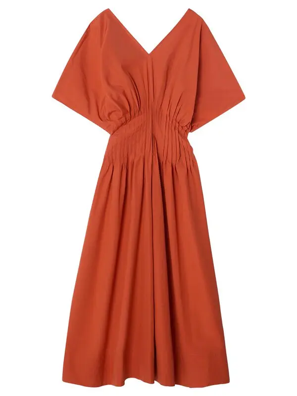 HOUSE OF DAGMAR Poplin V-neck Dress - Orange Rust