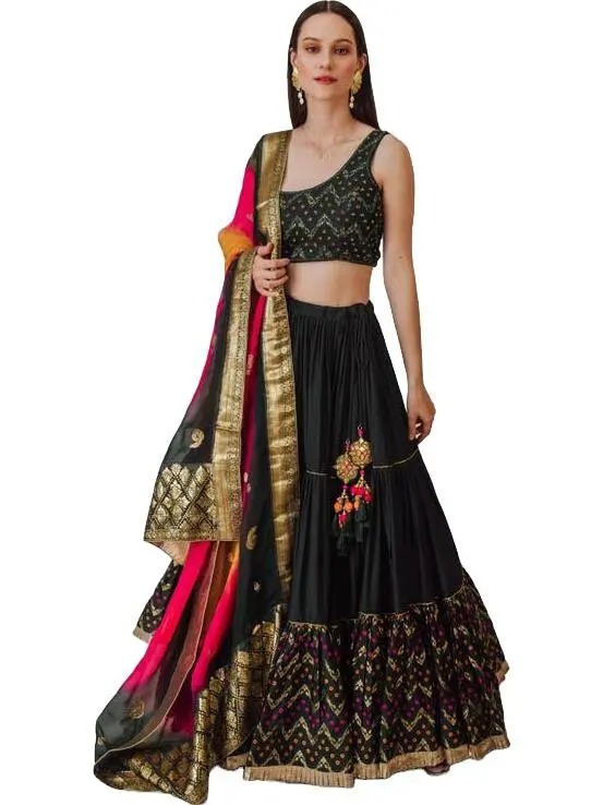 RAAS Mariana Tiered Lehenga With One Shoulder Blouse - Green