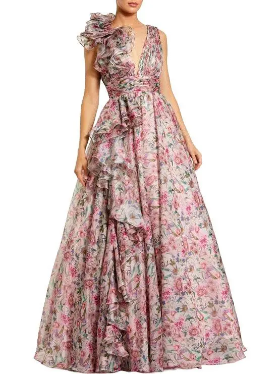 Mac Duggal Ruffle Shoulder V-neck Floral Gown - Pink Multi